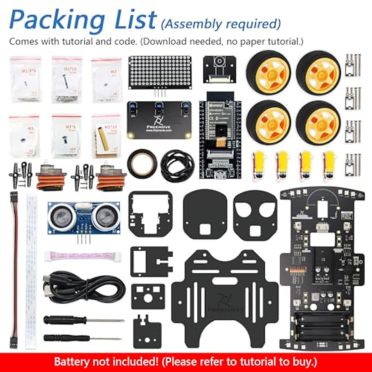 FREENOVE 4WD Car Kit for ESP32-WROVER CAM (Included), Dual-core 32-bit 240 MHz Microcontroller, Camera, Dot Matrix, Obstacle Avoidance, Line Tracking, Light Tracing, Colorful Light, App
