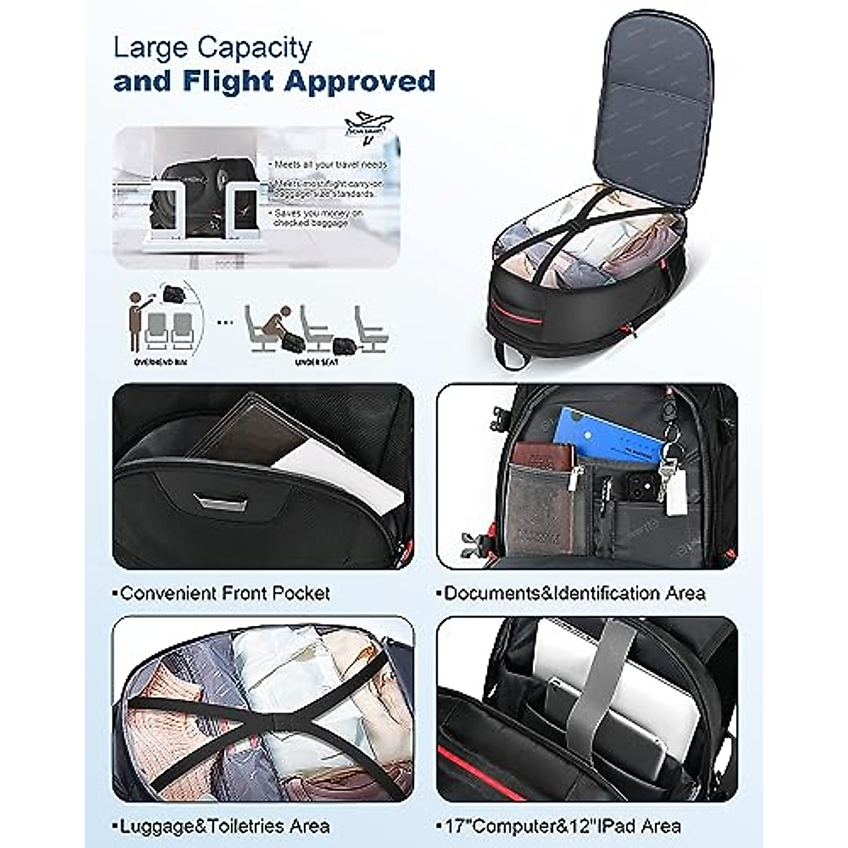 DTBG 50L Extra Large Travel Backpack Suitcase Carry On airplanes Luggage Bag for Men Fits 17 Inch Laptop computer Water Resistant Backpack For weekender Travel Work College Business -Black