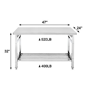 Stainless Steel Prep Table 48 x 24 Inch, NSF Commercial Heavy Duty Stainless Steel Folding Work Table with Undershelf, Stainless Steel Kitchen Island, Laundry Folding Table, Outdoor Cooking Table