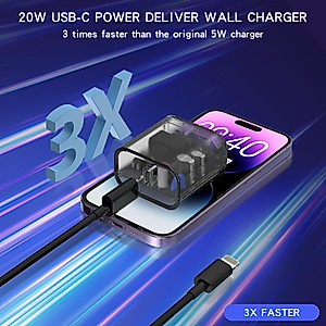 Phone Charger [MFi Certified] 3 Pack 20W PD USB C Wall Fast Charger Adapter with 3 Pack 6FT Type C to Lightning Cable Compatible for iPhone 14 13 12 11 Pro Max XR XS X,iPad (Transparent Black)