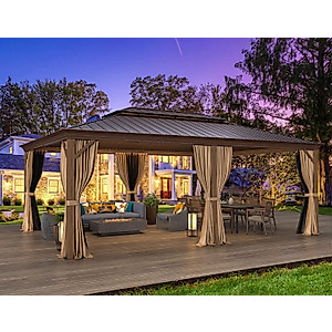 MELLCOM 14'x20' Gazebo, Galvanized Steel Double Roof with Wood Grain Aluminum Frame, Outdoor Permanent Metal Pavilion with Curtains and Nettings for Patio, Backyard and Deck