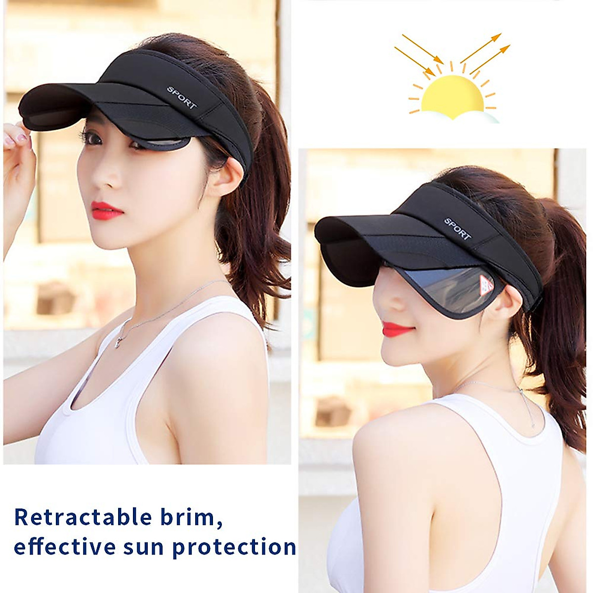 Summer Sun Visor Hat - Women Adjustable Golf Cap with Retractable Brim, UV Protection Beach/Tennis Sport Hat (Black)