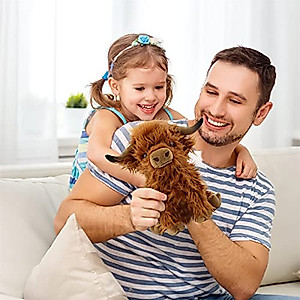 uSecee Highland Cow Stuffed Animal Realistic Scottish Cow Plush Toy Small Cute Animal Toys Animal Cattle Plushie Doll Gift for Adults Kids Boys Girls Birthday Gifts
