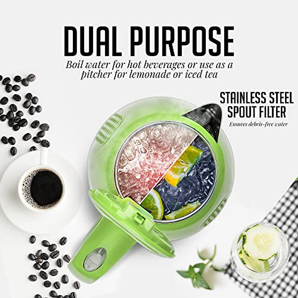 Ovente Portable Electric Kettle Stainless Steel Instant Hot Water Boiler Heater 1.7 Liter 1100W Double Wall Insulated Fast Boiling with Automatic Shut Off for Coffee Tea & Cold Drinks, Green KD64G