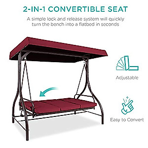 Best Choice Products 3-Seat Outdoor Large Converting Canopy Swing Glider, Patio Hammock Lounge Chair for Porch, Backyard w/Flatbed, Adjustable Shade, Removable Cushions - Burgundy