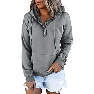 Aniywn Women's Casual Pullover Hoodies Button Down Thin Clothes Long Sleeve Solid Color Sweatshirts Teen Girls Fall Tops Grey