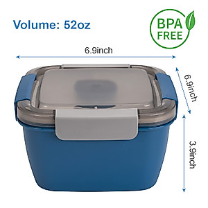 Freshmage Salad Lunch Containers To Go, 52 oz Bowls with 3 Compartments, Dressings Container for Toppings, Men, Women (Blue+Blue)