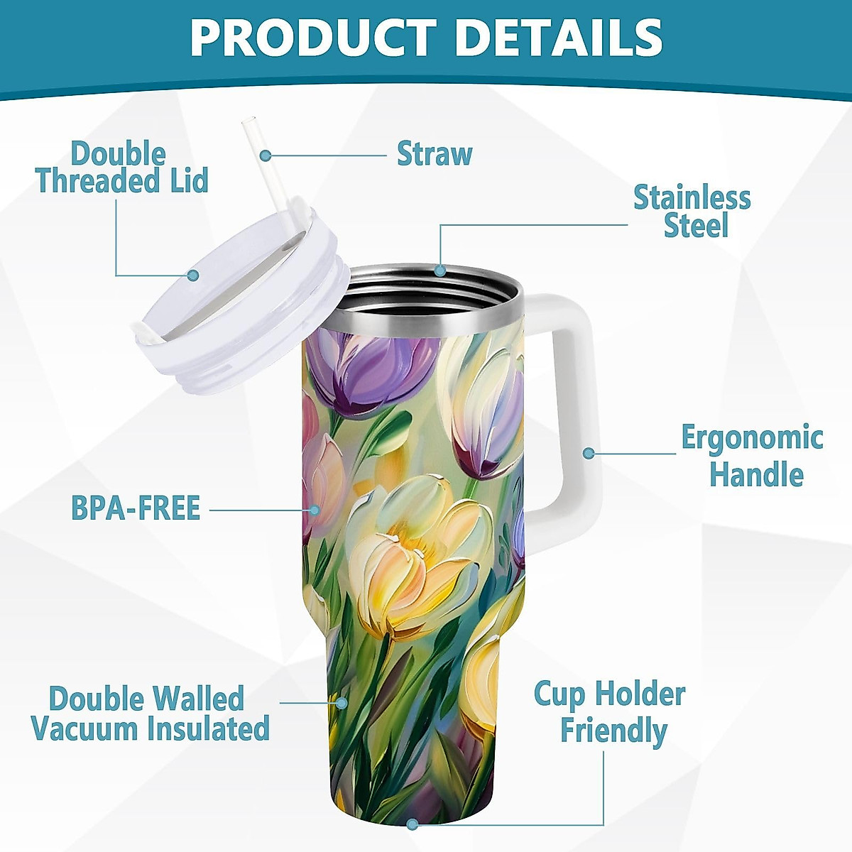 ALAZA Tulip Flower Floral Painting 40 oz Tumbler Stainless Steel Water Bottle Vacuum Insulated Cup with Straw Lid & Handle For Travel Car Cup Holder