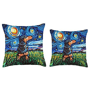 Sagittarius Gallery Black and Tan Dachshund Doxie Starry Night Dog Art by Aja Throw Pillow, 18x18, Multicolor