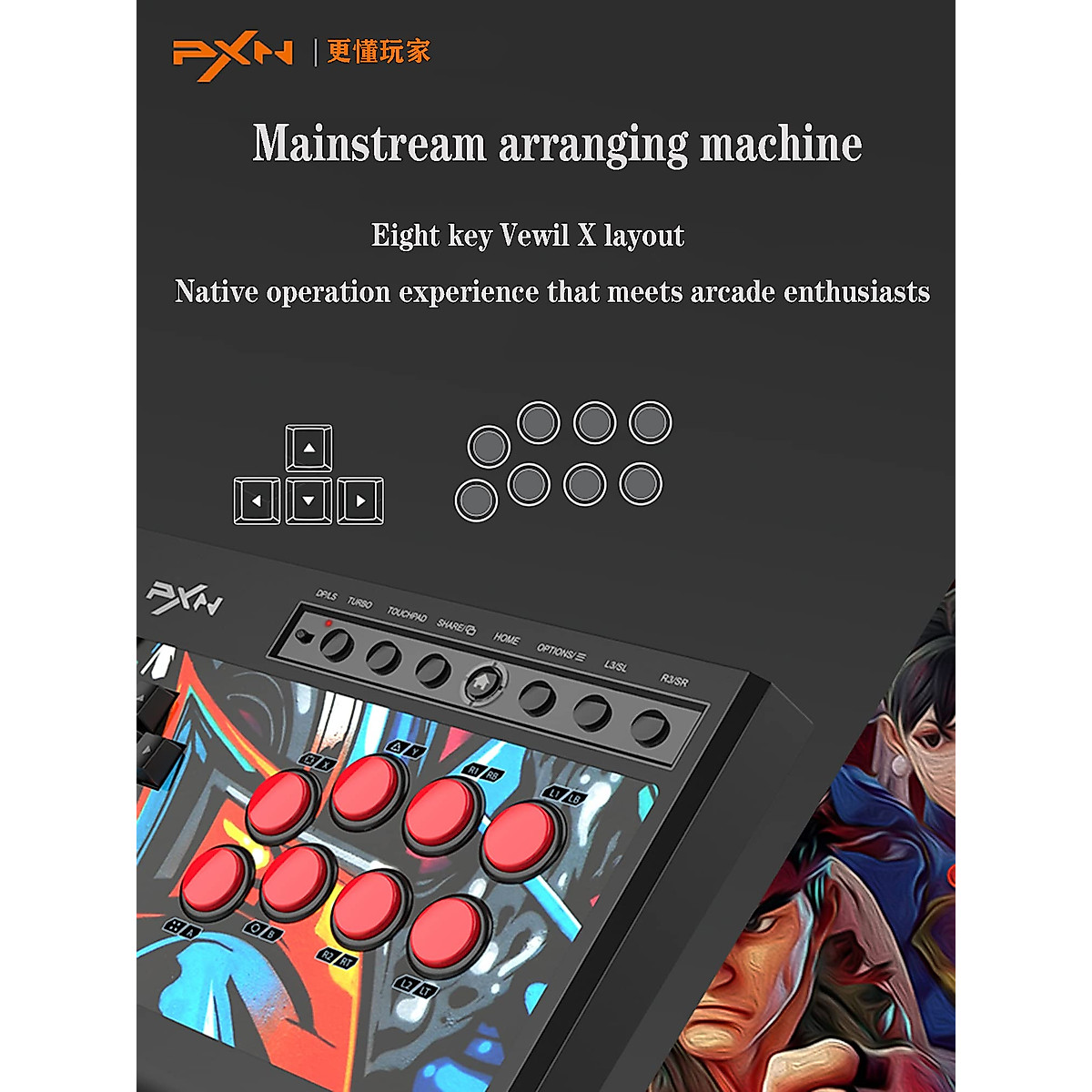PXN-X8 Arcade Fight Stick Mechanical direction button controller with TURBO Macro Functions Plug and play Arcade Fighting For PC, PS3, PS4, Xbox One Xbox Series X/S Android TV Box, N-Switch