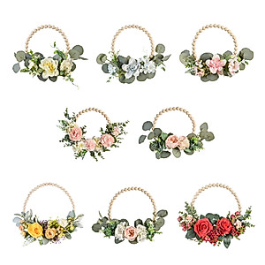 LPAYOK Artificial Peony Flower Wreath, Wood Bead Floral Eucalyptus Wreath for Front Door, Spring Flowers Garland Farmhouse Hoop Wreaths for Wall Window Indoors Home Decoration, Green, 35cm/13.65in