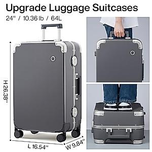 mixi Luggage Suitcase with Spinner Wheels, Upgrade Aluminum Frame PC Hardside Rolling Travel Suitcase with TSA Lock, 24'' Checked-in Trolley, Rock Gray