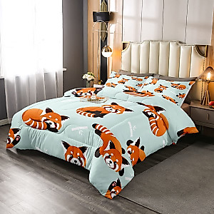 Red Panda Comforter Set Twin Size Cute Animal Pattern Bedding Set for Kids Boys Girls Cartoon Panda Printed Duvet Set Kawaii Wildlife Style Leaves Plant Comforter Set Child Bedroom Decor Teal