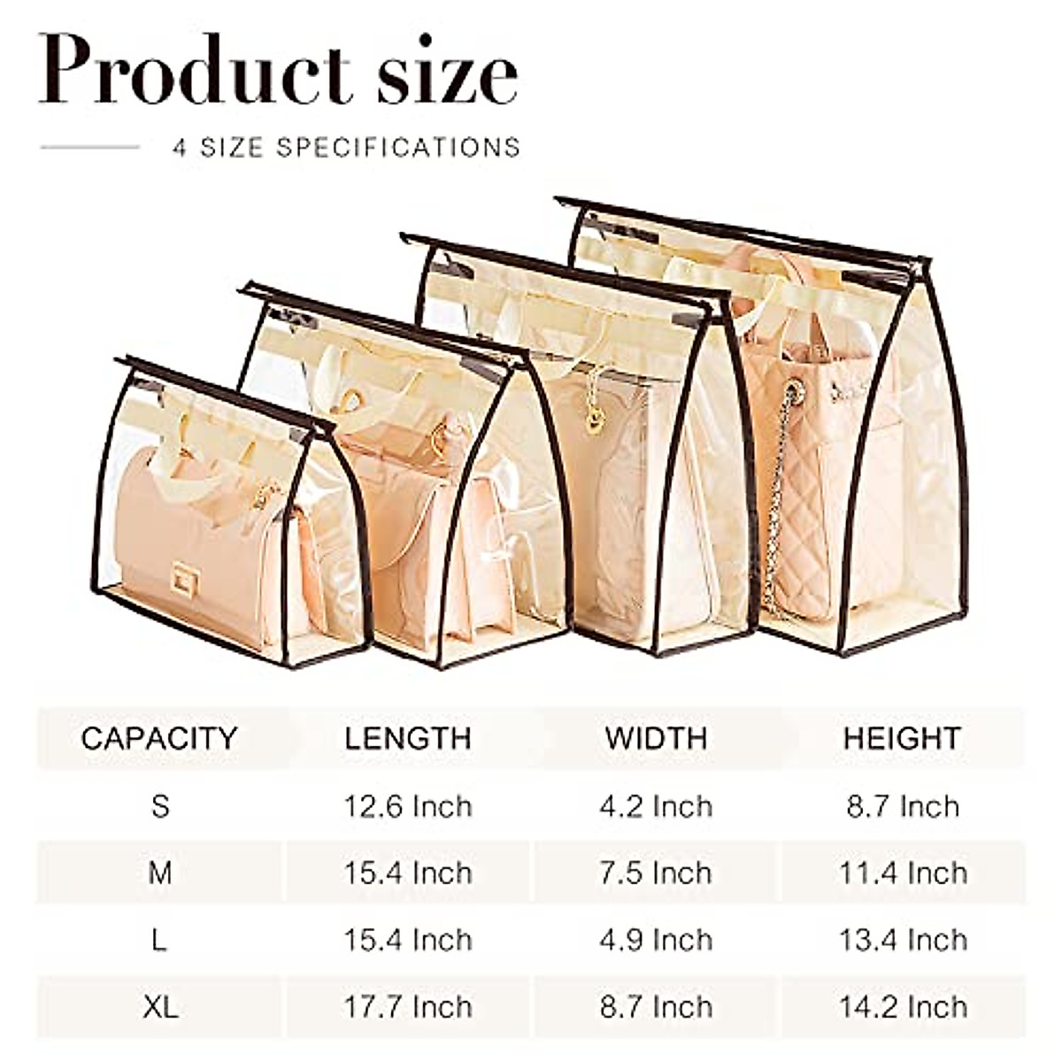 Uizokequq 10 Pack Dust bag for handbag - 4 Sizes Clear Purse Storage Organizer for Closet, Hanging Zipper Closet Organizers and Storage, Beige