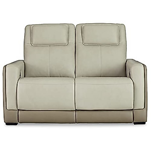 Signature Design by Ashley Battleville Contemporary Leather Power Reclining Loveseat with Adjustable Headrest, Light Gray