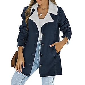 Dokotoo Womens Winter Jean Denim Jacket Coats Long Sleeve Open Front Fleece Jacket Stand Collar Button Down Sherpa Fashion Coats for Women 2024 Cardigans Outerwear with Pockets Blue Large
