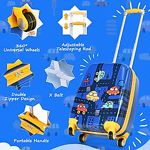 GYMAX 2Pc Kid Carry On Luggage Set, 12" & 18" Kids Suitcase with 4 Spinner Wheels, Travel Rolling Trolley (Cars)