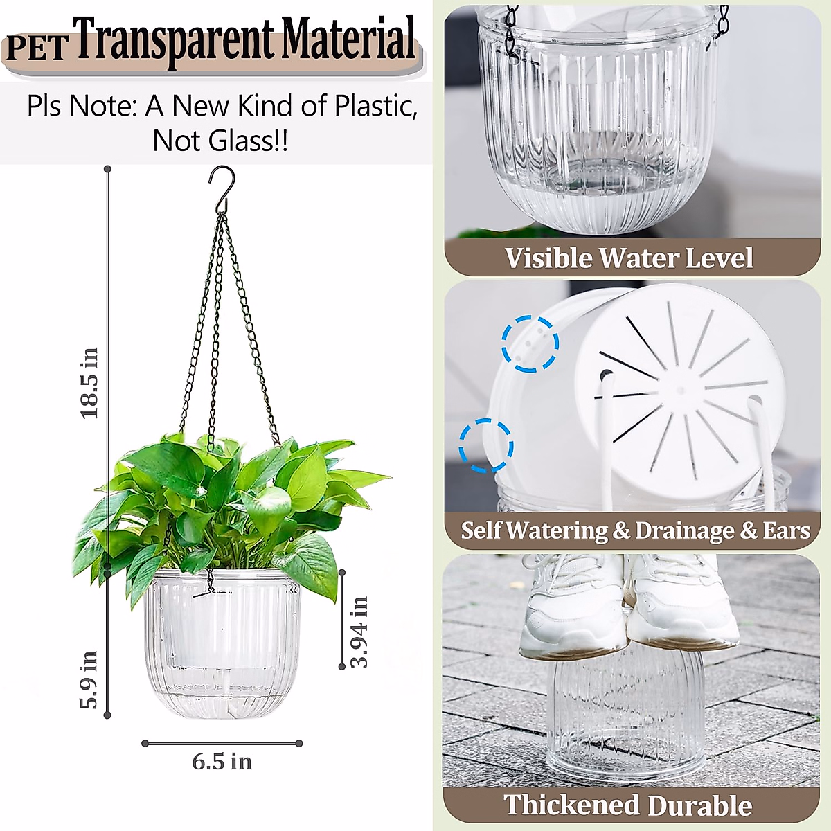 Melphoe 2 Pack Self Watering Hanging Planters Indoor Flower Pots, 6.5 Inch Outdoor Hanging Plant Pot Basket, Plant Hanger with 3Hooks Drainage Holes for Garden Home