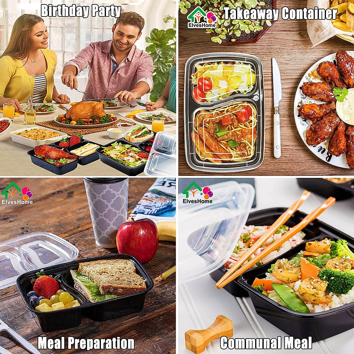 Meal Prep Container 2 Compartments, 50 Pack Meal Prep Container Microwave Safe, Food Storage Container with Lids, 34oz Disposable Bento Box To-Go Boxes Reusable Plastic Bento Lunch Box Dishwasher Safe