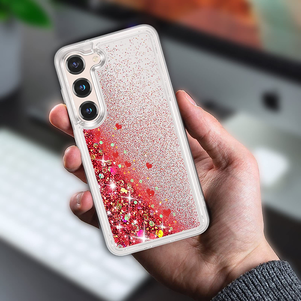 HesLine for Galaxy S23 Case Glitter Liquid,S23 Case Bling Quicksand Sparkle Shockproof Protective Hard PC Slim Bumper for Samsung Galaxy S23 5G 6.1'' Cute for Girls Women Men,Red