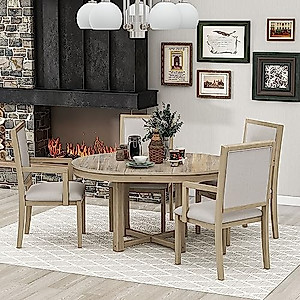 WOZNLA Room 5-Piece Set-Round to Oval Extendable Butterfly Leaf Table with 4 Upholstered Dining Chairs with Armrests for Kitchen and Family, Natural Wood Wash