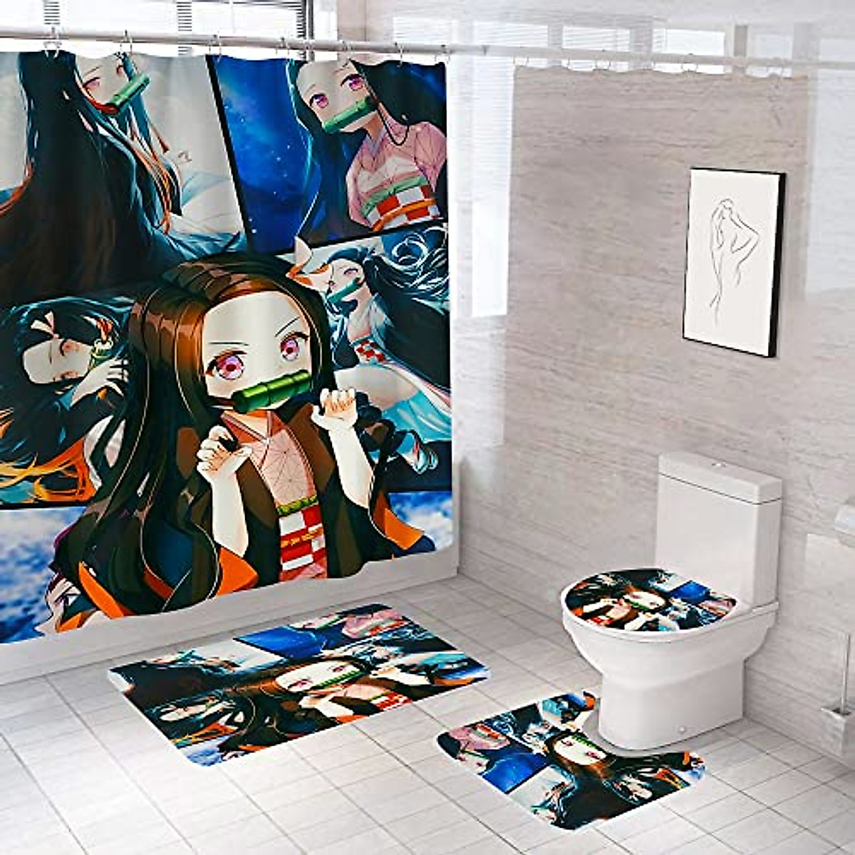 4 Piece Anime Shower Curtain Sets with Non-Slip Rugs, Toilet Lid Cover, Bath Mat and 12 Hooks, Bathroom Decor Set Accessories Waterproof Shower Curtains