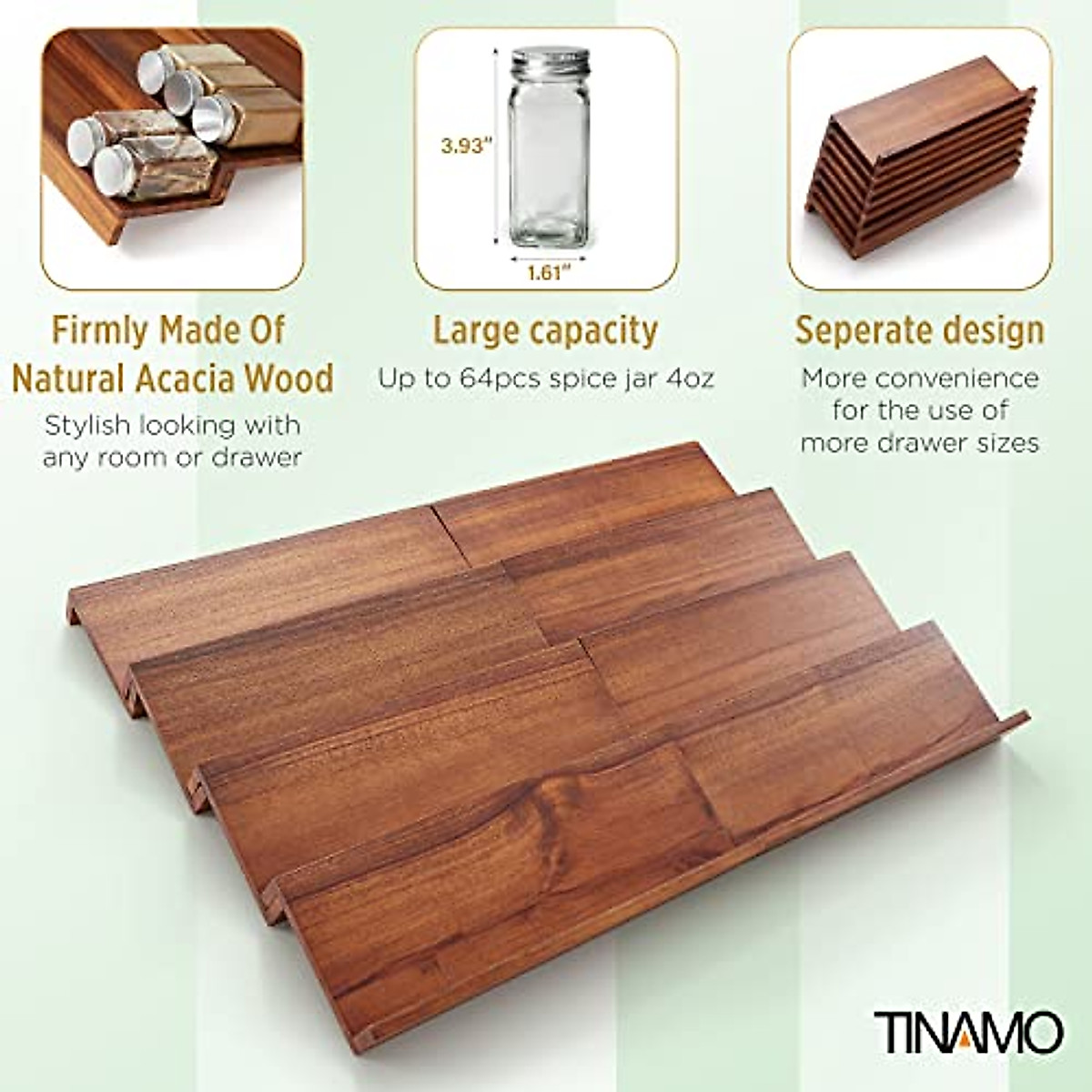 Tinamo Acacia Spice Rack Organizer for Drawer - Wooden Tray Spice Racks Organizer for Cabinet Storage Shelf - 4 Tier Spice Drawer Organizer 64 Jars ( Acacia Wood)