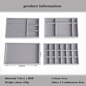 AIRZSNRY Jewelry Organizer for Drawer, Velvet Jewelry Insert Tray, Stackable Jewelry Storage Inserts Stacking Accessories Display for Dresser(Grey,Set of 4)