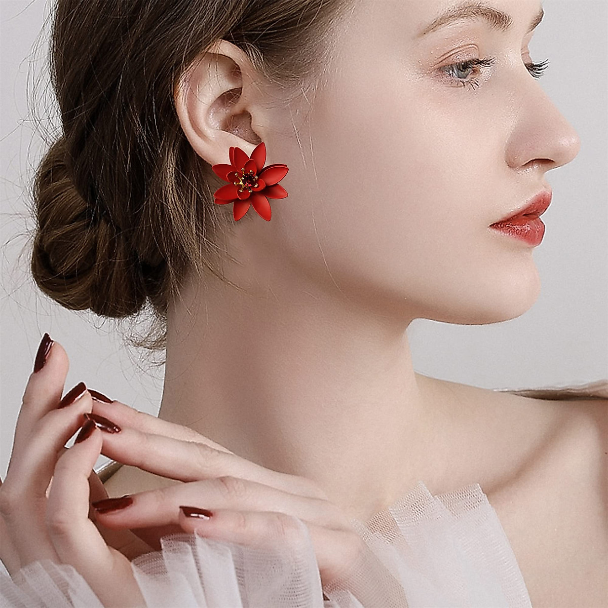 Chic Cute Boho Matte Flower Statement Stud Earrings with Gold Flower Bud for Women Sister Mom Lover and Friends (Red 13)