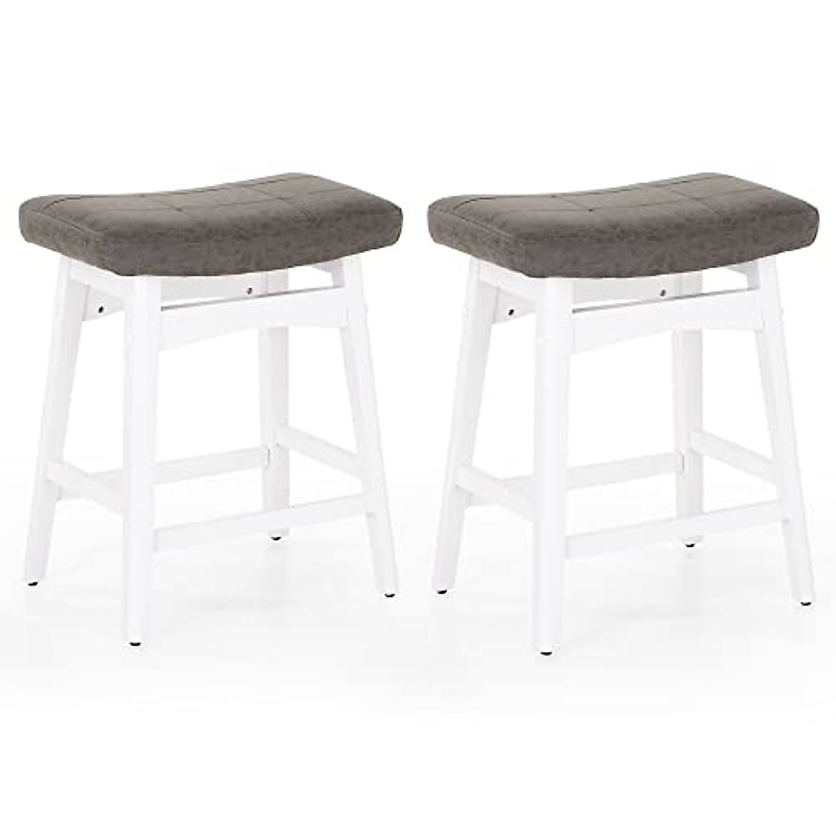 Erste!Bravo White Solid Wood Bar Stools Set of 2 for Kitchen Counter Height Barstools with Faux Leather Saddle Seat Farmhouse Upholstered Stools for 34"-38" Counter Island, Grey Cushion & White Legs