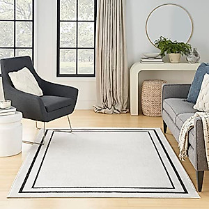 Nourison Essentials Indoor/Outdoor Ivory/Black 5' x 7' AreaRug, EasyCleaning, Non Shedding, Bed Room, Living Room, Dining Room, Backyard, Deck, Patio (5x7)
