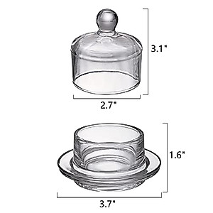 Dicunoy 2 Pack Glass Butter Dishes, Small Round Butter Keeper with Dome Lid and Handle, Clear Butter Serving Container with Cover, Round Crystal Mini Butter Cloche for Candy, Dessert, Parfait, Jam