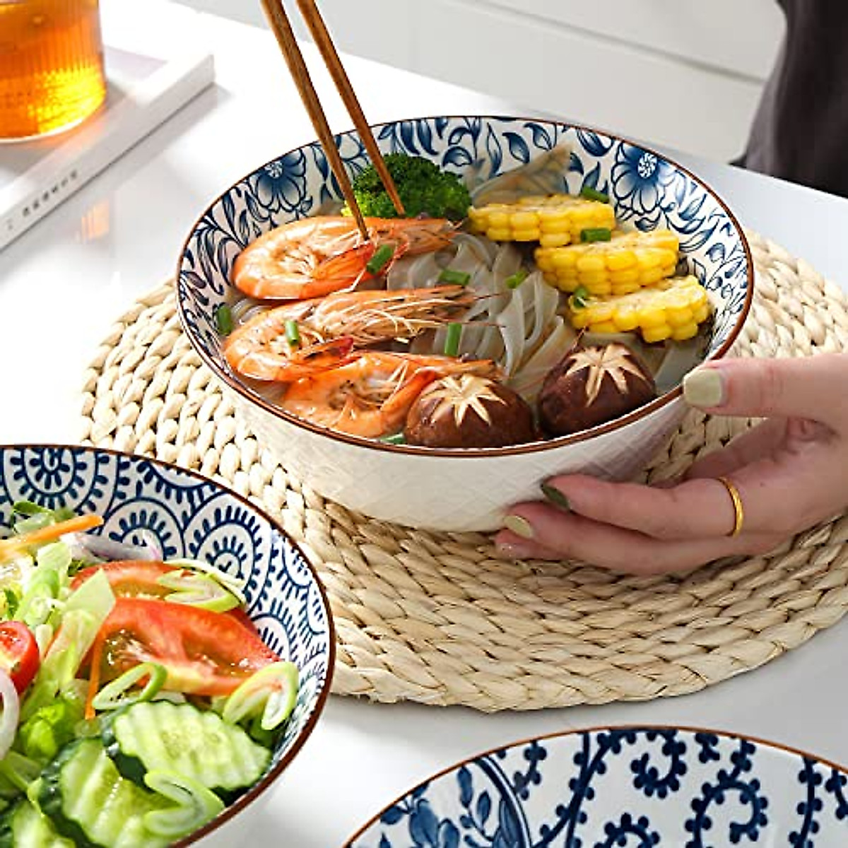 YALONG 8 Inch 40 Ounce Ceramic Bowls for Kitchen Deep Soup Pho Bowls, Blue White Large Porcelain Salad Bowls Set for Ramen Pasta Cereal Dessert Stackable Deep Noodle Serving Bowls Set of 4 for Gift