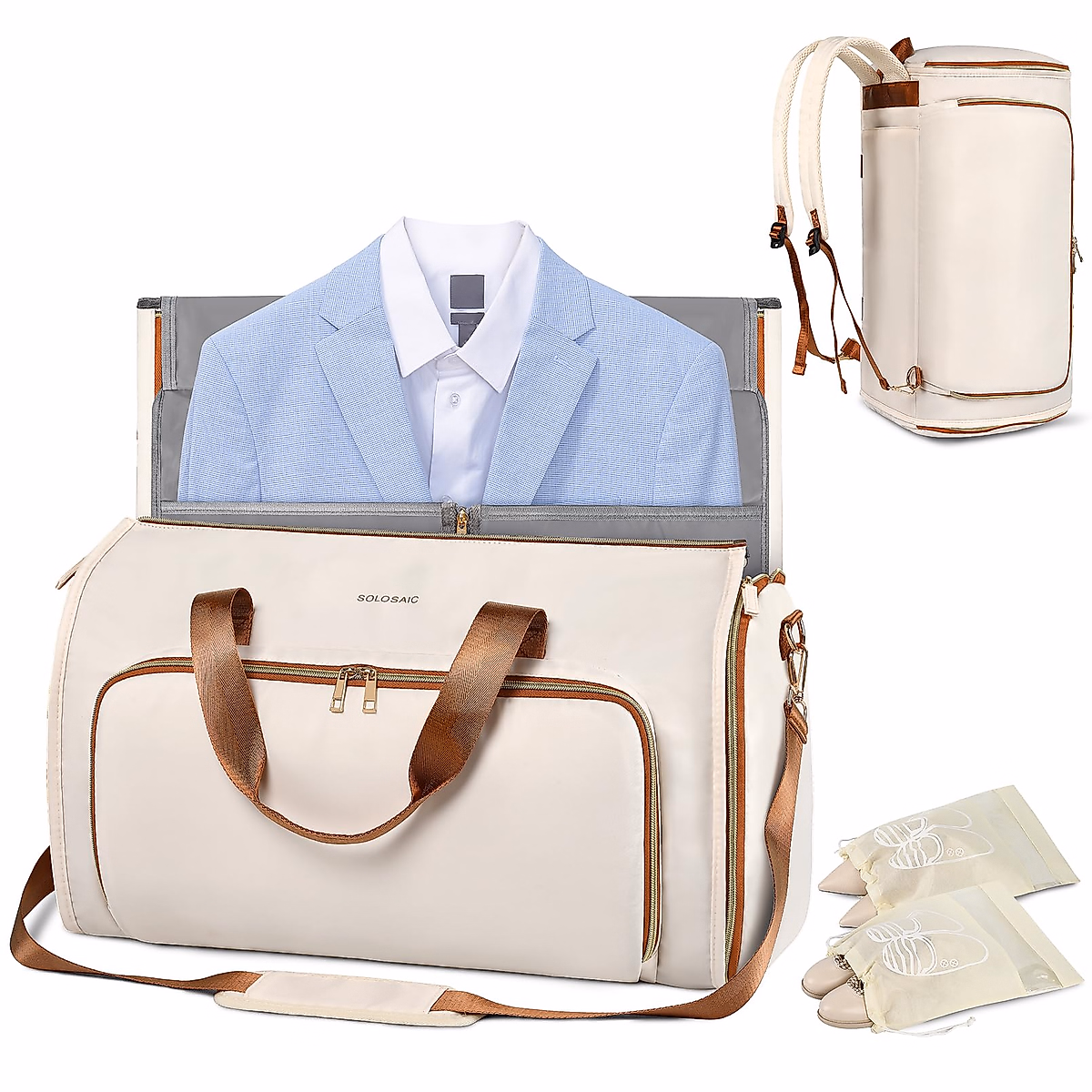 Garment Bags for Travel, Convertible Garment Bag with Detachable Hanging Suit Bag, Carry on Travel Duffel Bag with Shoulder Strap and Shoes Cover, 2 in 1 Hanging Suit Bags for Women/Men, White Brown