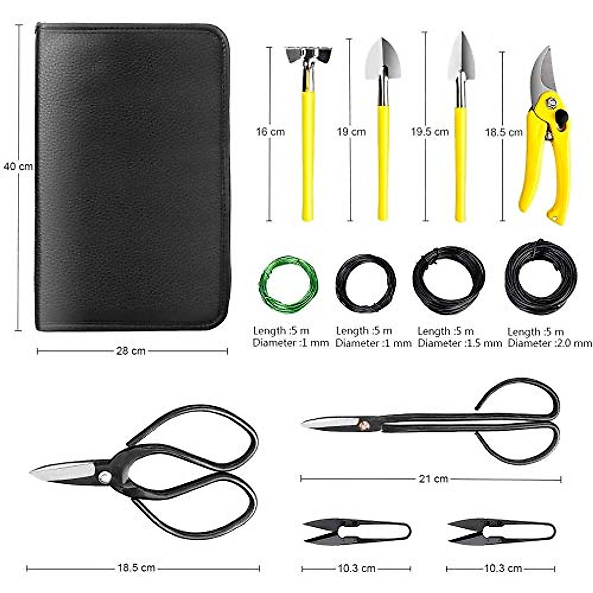 MOSFiATA Bonsai Tools Set 13 Pcs High Carbon Steel Succulent Gardening Trimming Tools Set Include Pruning Shears, Scissors, Mini Rake, Round and Pointed Shovel &Training Wire in PU Leather Bag