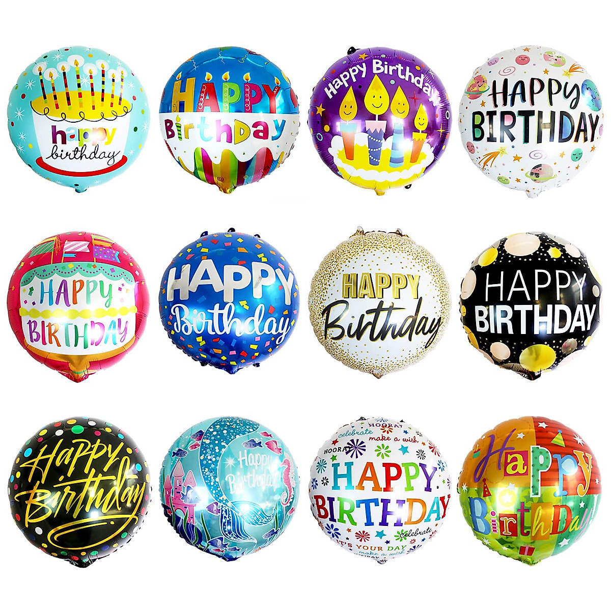 24 Pcs Happy Birthday Foil Balloons 18 inch Round Helium Floating Mylar Balloon Inflatable Balloons for Birthday Party Decorations Supplies,12 Patterns