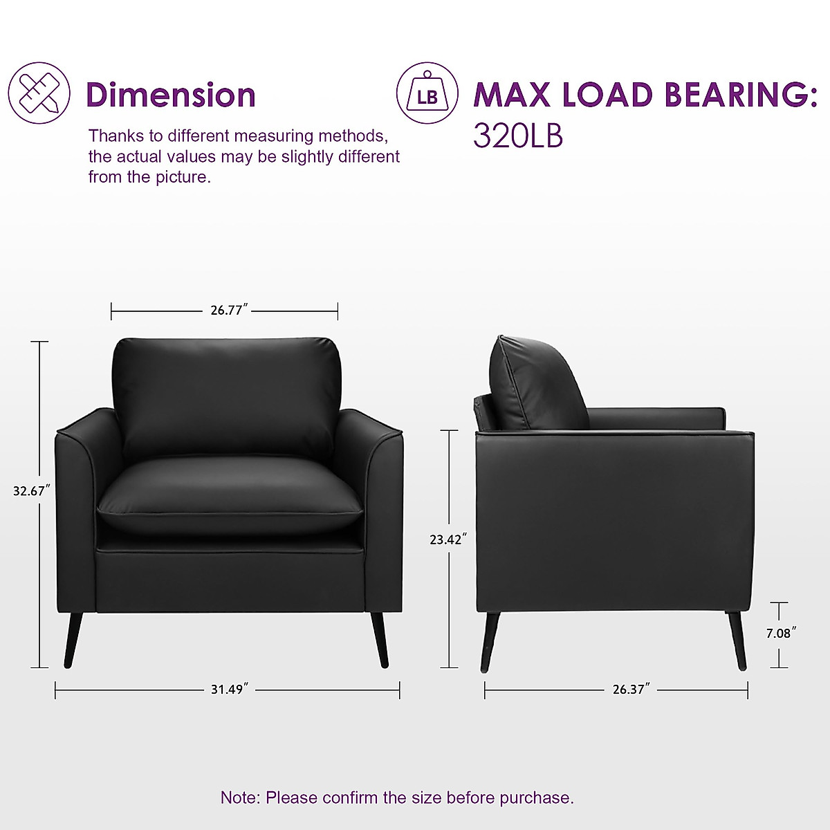 TYBOATLE Accent Chair, Black Leather Accent Chair, Comfy Living Room Chair, Cozy Reading Sitting Chair, Mid Century Modern Accent Chairs, Arm Reception Chairs, Lobby Chair,Office Furniture