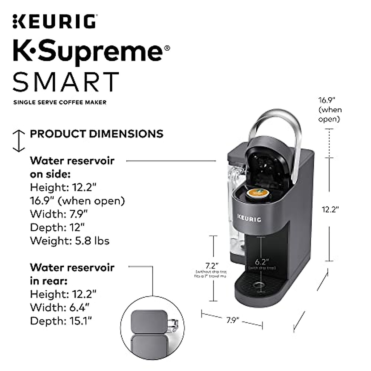 Keurig K-Supreme SMART Coffee Maker, MultiStream Technology, Brews 6-12oz Cup Sizes, Gray