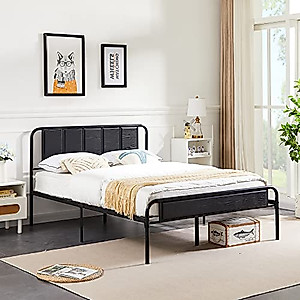 VECELO Full Bed Frame Heavy Duty Metal Platform with Wooden Headboard Footboard Mattress Foundation 12 Strong Steel Slats Support Under Bed Storage/Easy Assemble