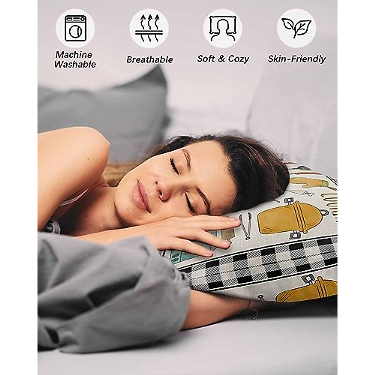 Edwiinsa Kitchen Cooking Pillow Covers Standard Size Set of 2 20x26 Bed Pillow, Farmhouse Rutsic Black Plaid Burlap Plush Soft Comfort for Hair/Skin Cooling Pillowcases with Envelop Closure