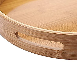 Jucoan 14 Inch Large Round Serving Tray with Handle, Bamboo Wood Circle Tray, Decorative Food Tray for Ottoman, Coffee Table, Breakfast, Drinks