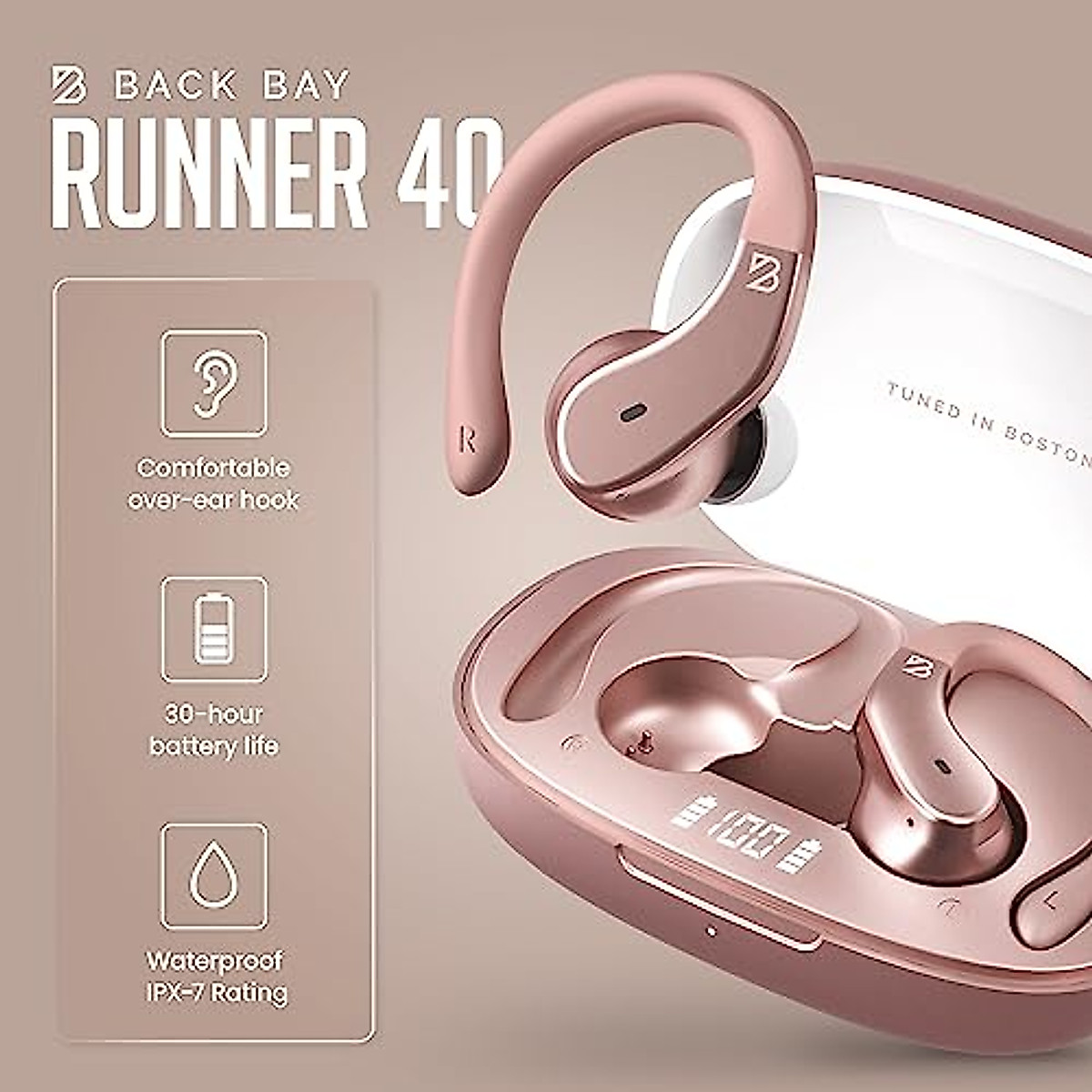 Runner 40- Wireless Earbuds for Running, Small Bluetooth Earbuds for Small Ears Women, Running Bluetooth Earbuds, Small Wireless Earbuds for Small Ear Canals with EarHooks, Over The Ear Earbuds