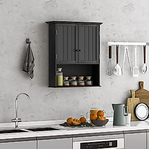 Byroce Bathroom Storage Cabinet Wall Mounted, Wooden Over The Toilet Space Saver with 2 Doors & Adjustable Shelf, Hanging Medicine Cabinets for Bathroom, Living Room, Kitchen (Black)