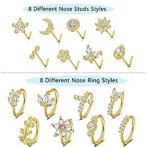 ZNBOH 16Pcs 20G Stainless Steel Nose Rings Hoop for Women Men Paved CZ Cartilage Earring Hoop Cute Butterfly Flower Nose Piercing Jewelry Gold Black Rose Gold