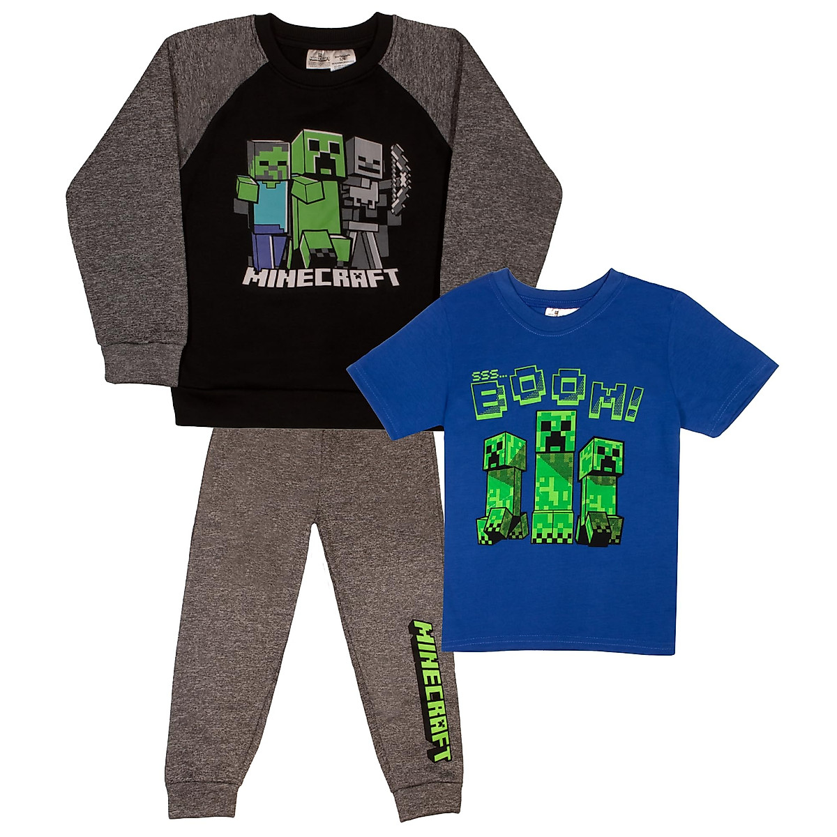 Minecraft Boys 3 Piece Fleece Pants Sets, Crew Neck Sweatshirt, T-Shirt, and Pants 3-Pack Bundle Set for Boys (Black/Blue, Size 4)