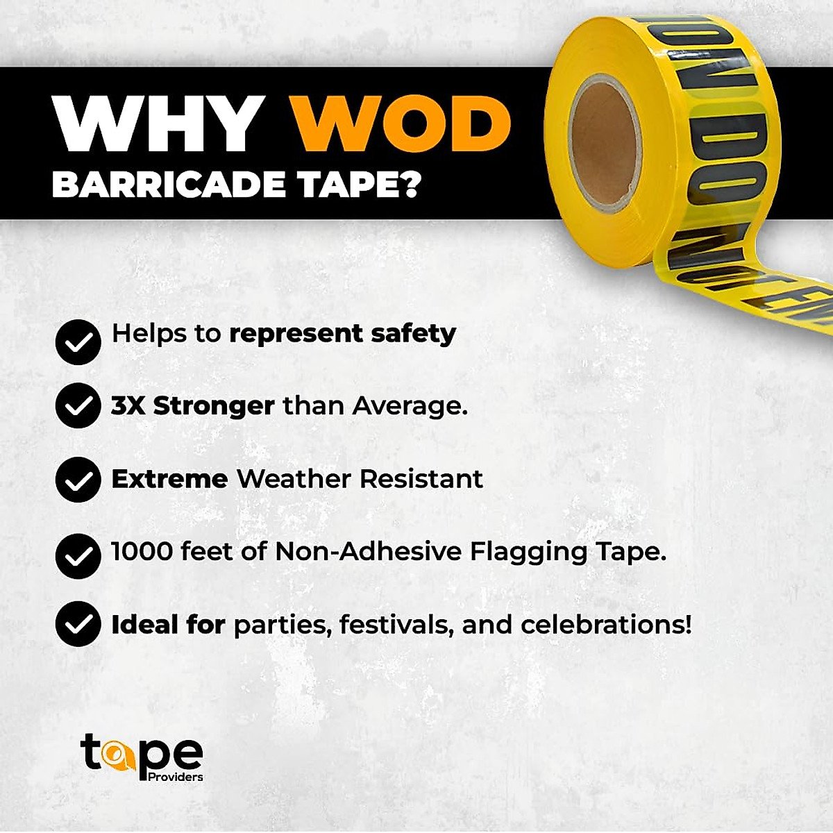 WOD BRC-YNP Barricade Caution Flagging Tape - 3 inch x 1000 feet - High Visibility Bright Yellow for Workplace Safety, Marking Boundaries & Hazardous Areas, Non-Adhesive & Heavy-Duty