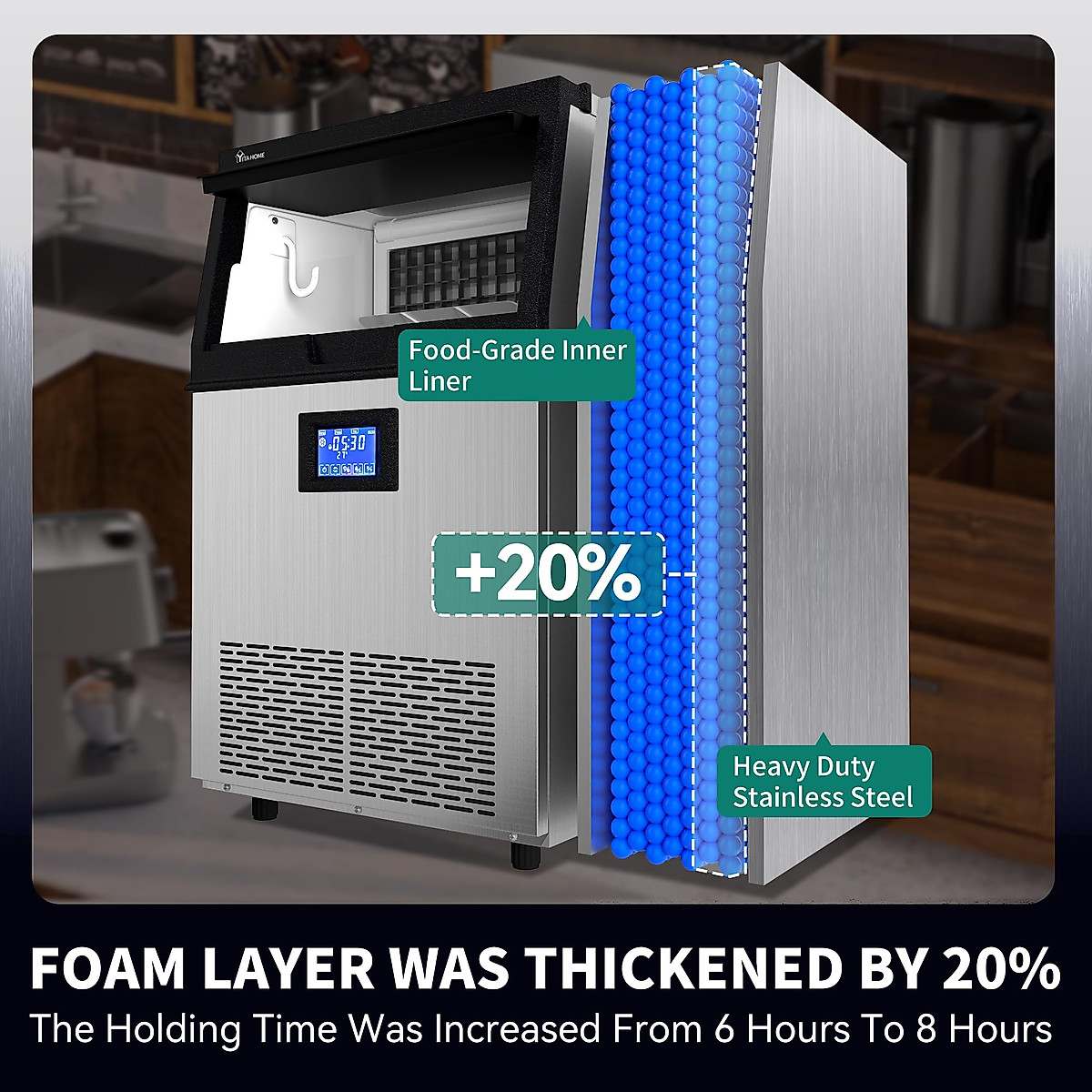 YITAHOME Upgraded Commercial Ice Maker Machine, 150LBS/24H Large Ice Maker Under Counter with 33LBS Storage Bin, Outdoor Free Standing Undercounter Ice Machine for Restaurant, Home, Bars, Coffee Shop