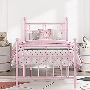 Weehom Pink Metal Bed Frame Twin Size with Headboard Mattress Foundation Support Heavy Duty Steel Slat No Box Spring Need for Girls