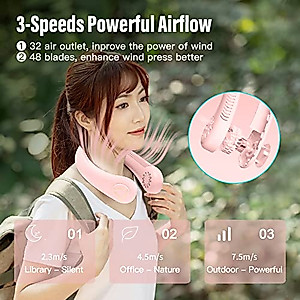 Dyteue Neck Fan Portable Air Conditioner Cooling Neck Fans Personal Bladeless Fan 4000 mAh Rechargeable Leafless USB Fan, 360° 1s Cooling&3 Speeds Blowing, Lightweight Wearable Fan (Pink)