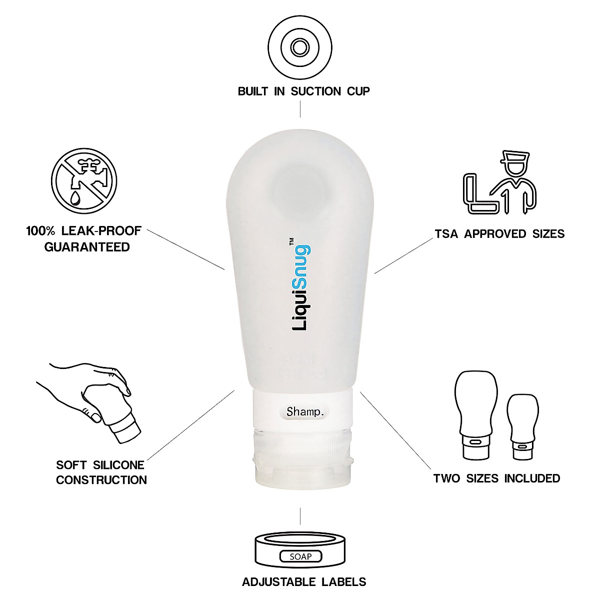 LiquiSnugs Premium - 100% Guaranteed Leak Proof Silicone Travel Bottles For Toiletries - TSA Approved Container. Premium Range Travel Shampoo Bottles with Suction Cups and Adjustable Labels